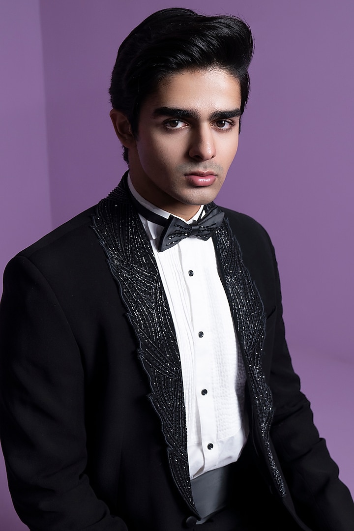 Black Italian Suiting Embroidered Tuxedo Set Design by Contrast By ...