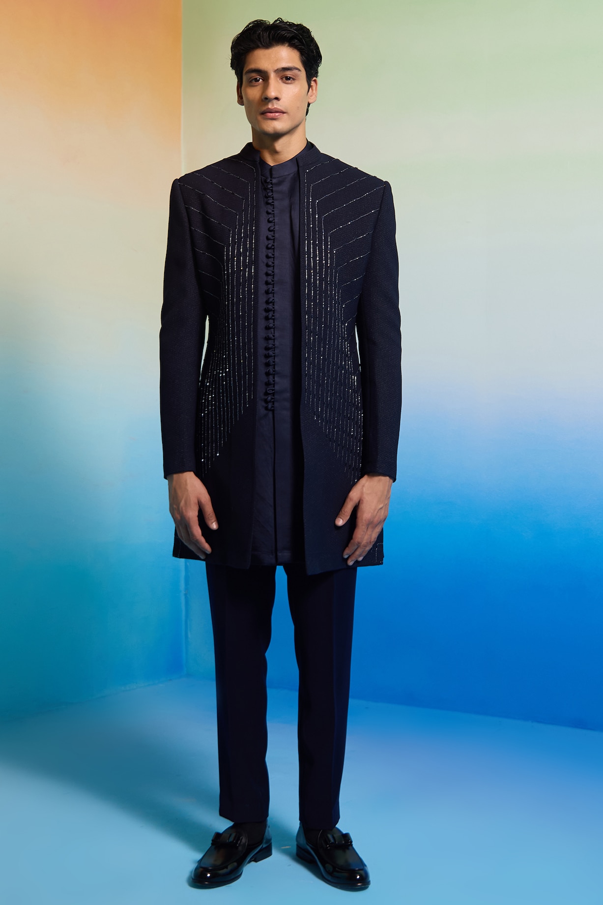 Deep Blue Textured Suiting Embellished Indowestern Set by Contrast By Parth at Pernia's Pop Up ...