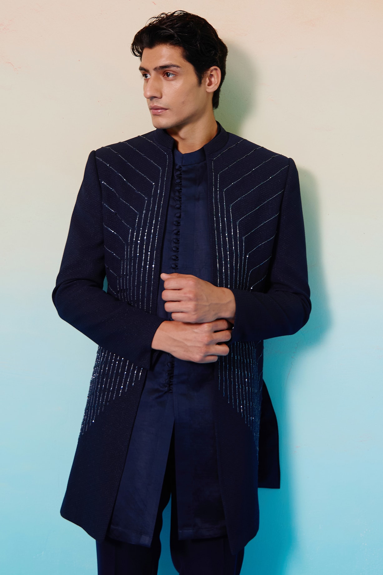 Deep Blue Textured Suiting Embellished Indowestern Set by Contrast By Parth at Pernia's Pop Up ...