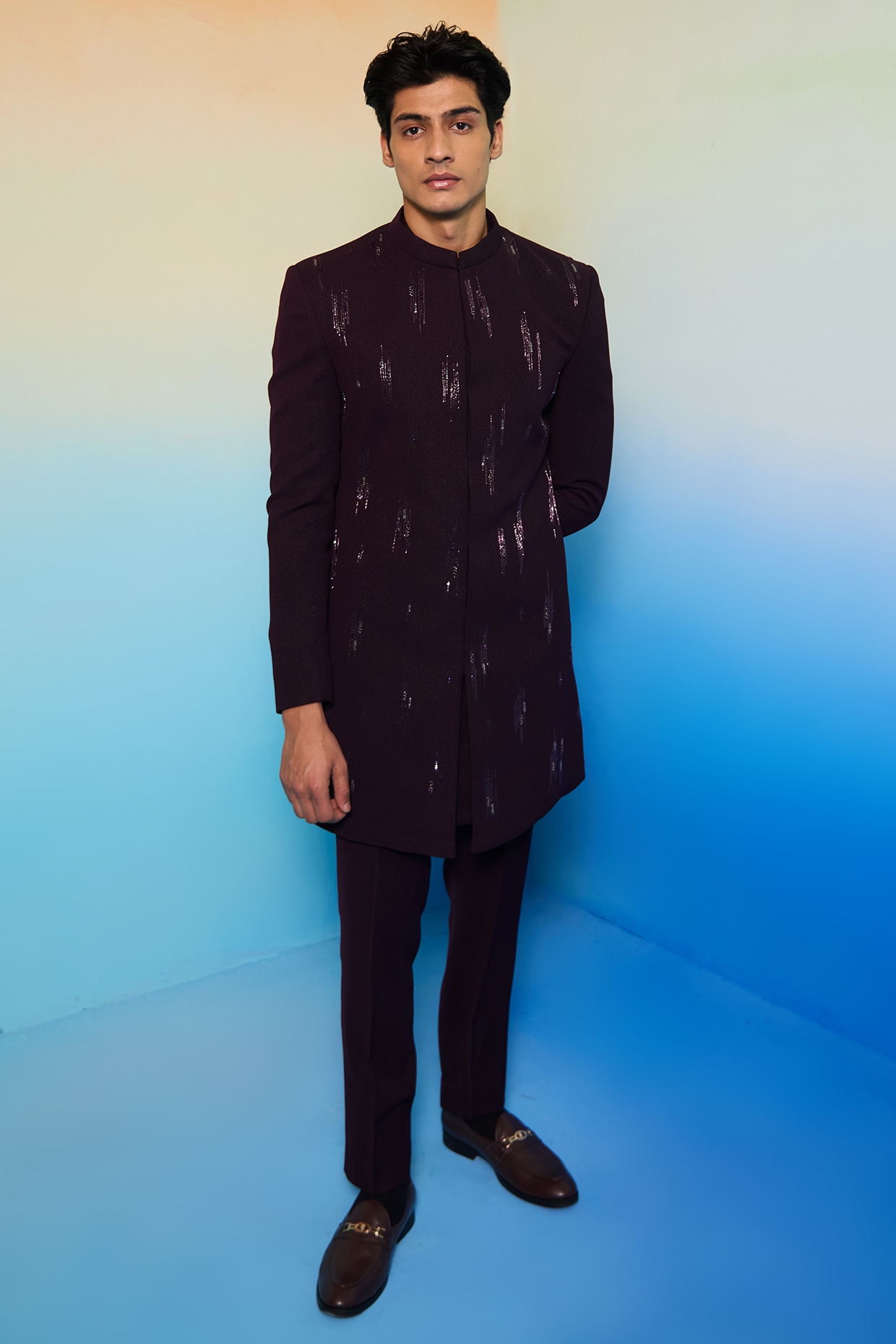 Wine Textured Suiting Hand Embroidered Achkan Jacket Set by Contrast By ...