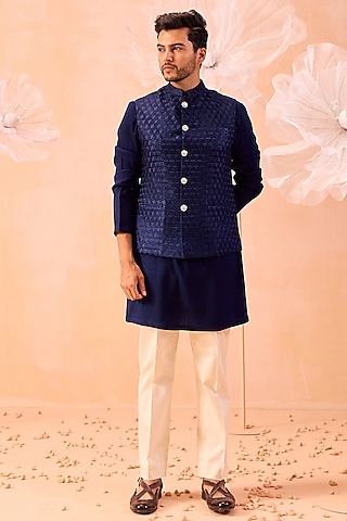 Midnight Blue Blue Pure Silk Floral Hand Embroidered Bundi Jacket Set ...