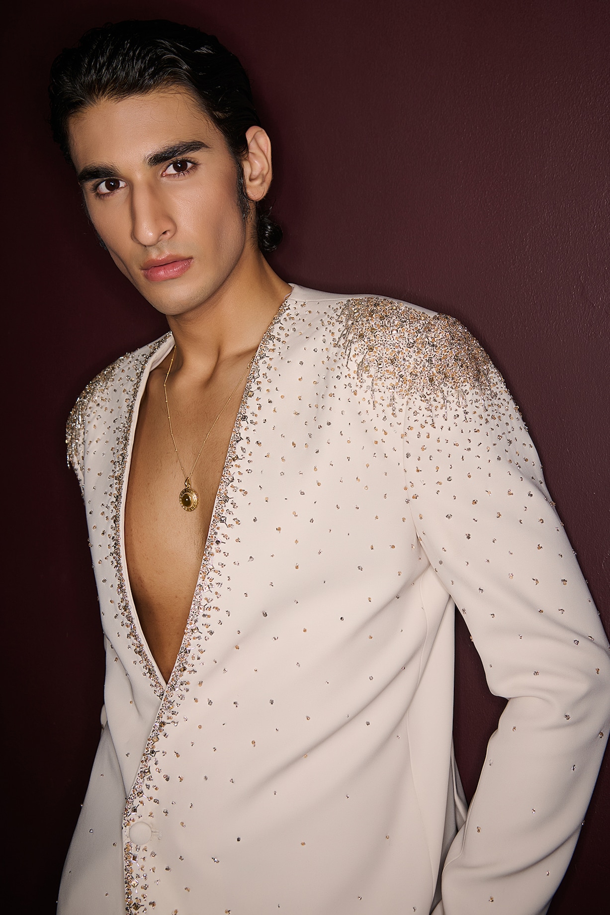 Off-White Premium Lycra Suiting Crystal Embellished Tuxedo Set by ...