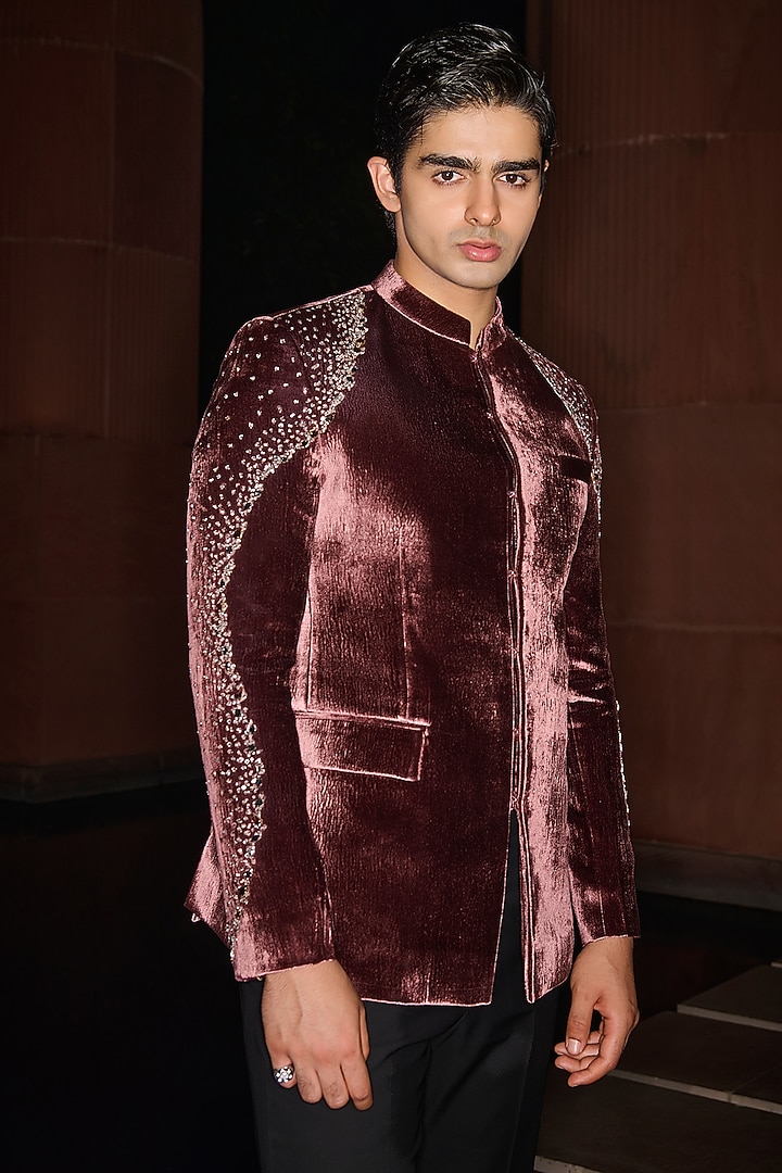 Mocha Wine Silk Velvet Crystal Embroidered Wedding Bandhgala Set by ...