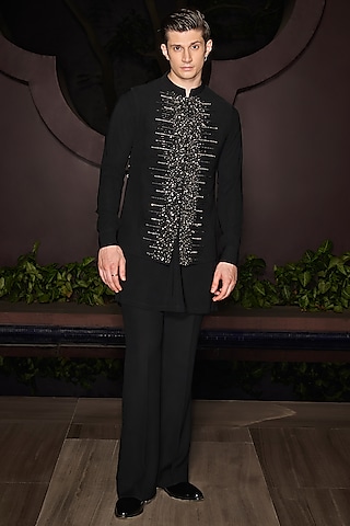 Black Premium Lycra Suiting Crystal Work Nehru Jacket Set by Contrast ...