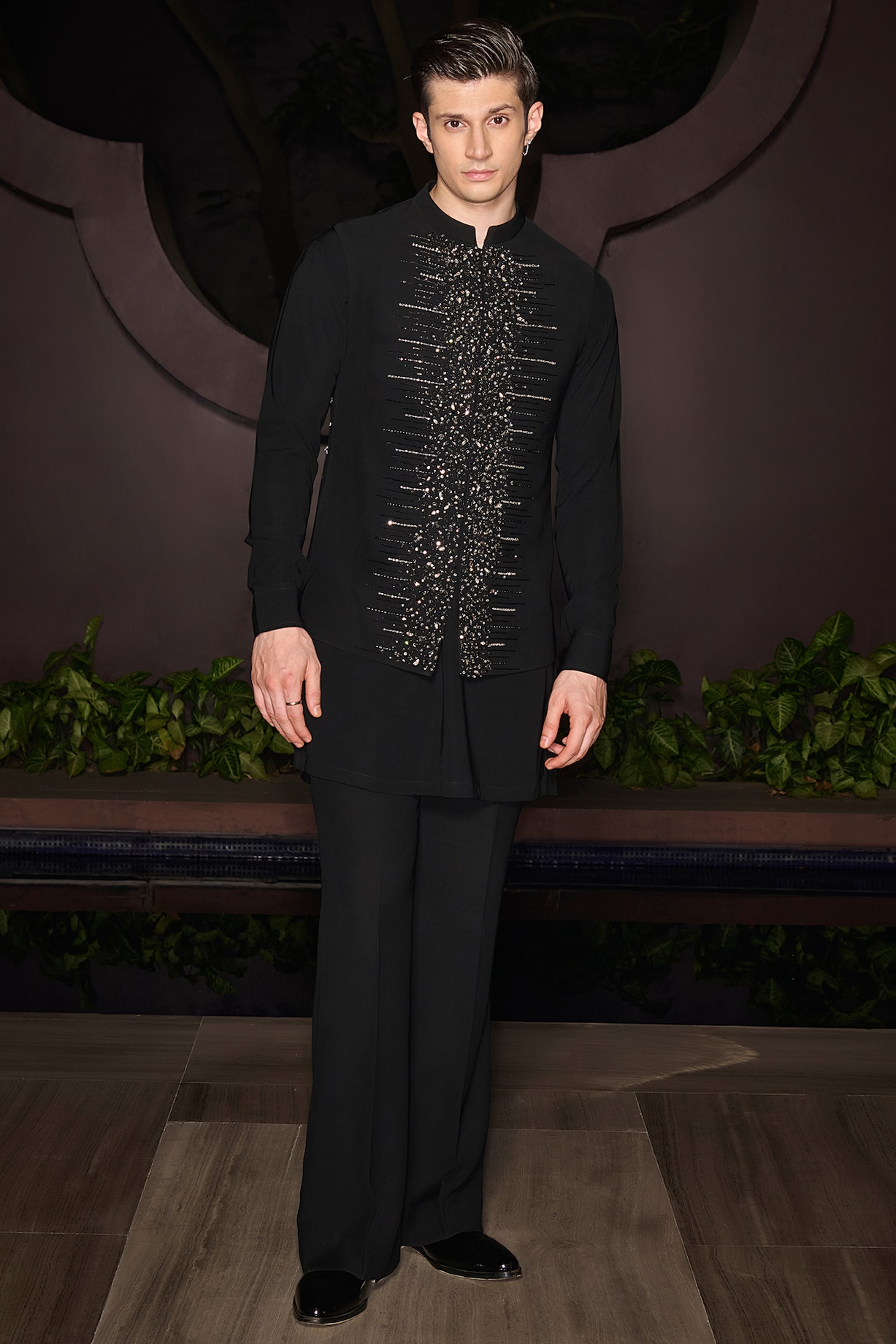 Black Premium Lycra Suiting Crystal Work Nehru Jacket Set by Contrast ...