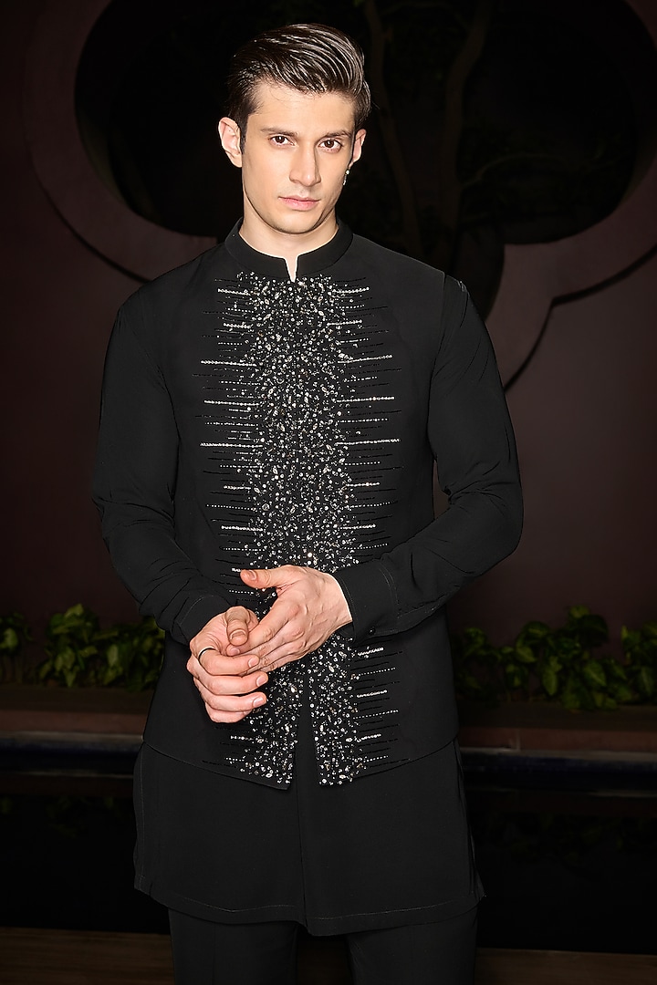 Black Premium Lycra Suiting Crystal Work Nehru Jacket Set by Contrast ...