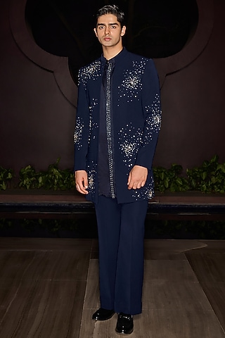 Blue Premium Lycra Suiting Crystal Work Open-Wedding Sherwani Set by ...