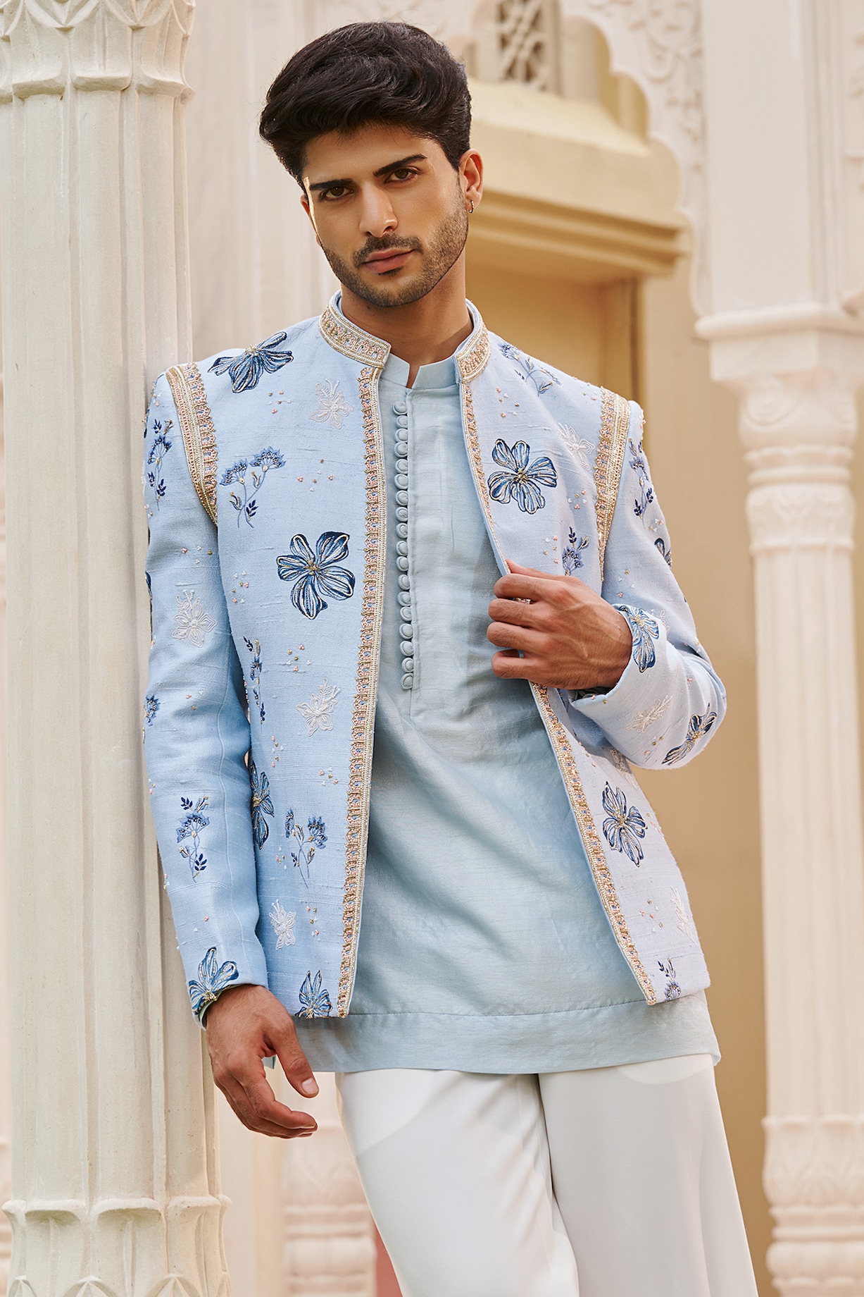 Powder Blue Pure Raw Silk Floral Embroidered Wedding Bandhgala Jacket ...