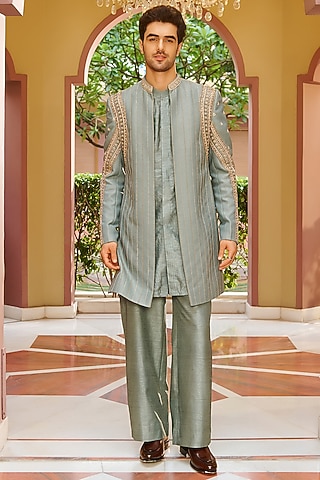 Muted Sage Green Jacquard Silk Embroidered Jacket Set by Contrast By ...
