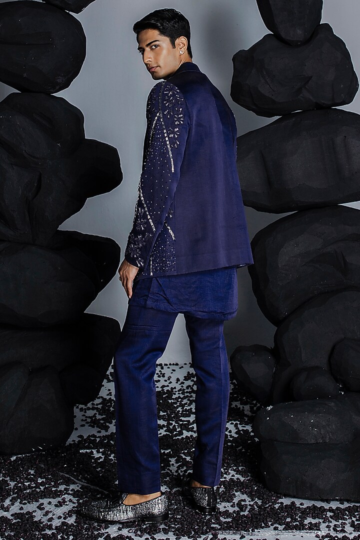 Navy Blue Linen Satin Embellished Indowestern Set Design by Contrast By ...