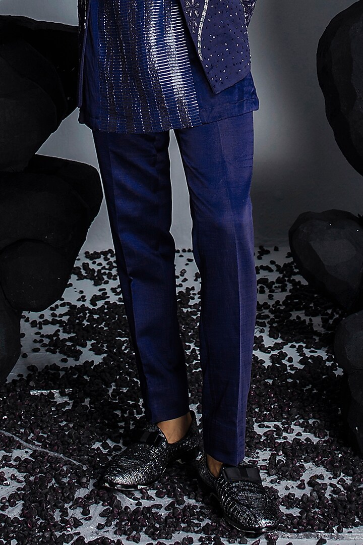 Navy Blue Linen Satin Embellished Indowestern Set Design by Contrast By ...