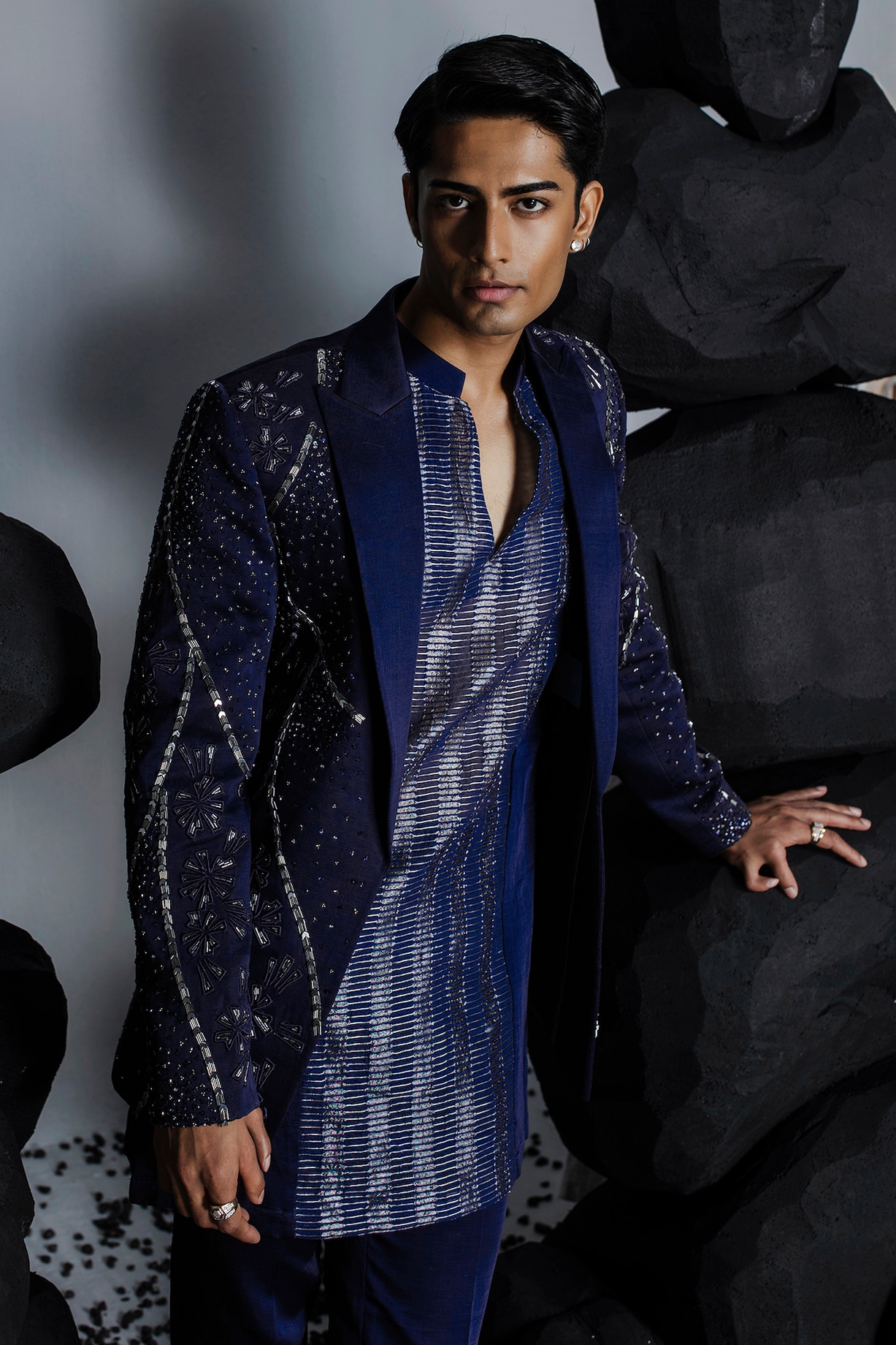 Navy Blue Linen Satin Embellished Indowestern Set by Contrast By Parth ...