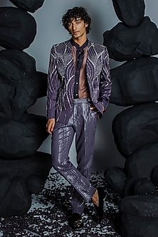 Deep Purple Linen Satin Embellished Jacket Set Design by Contrast By ...