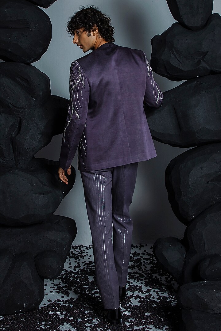 Deep Purple Linen Satin Embellished Jacket Set Design by Contrast By ...