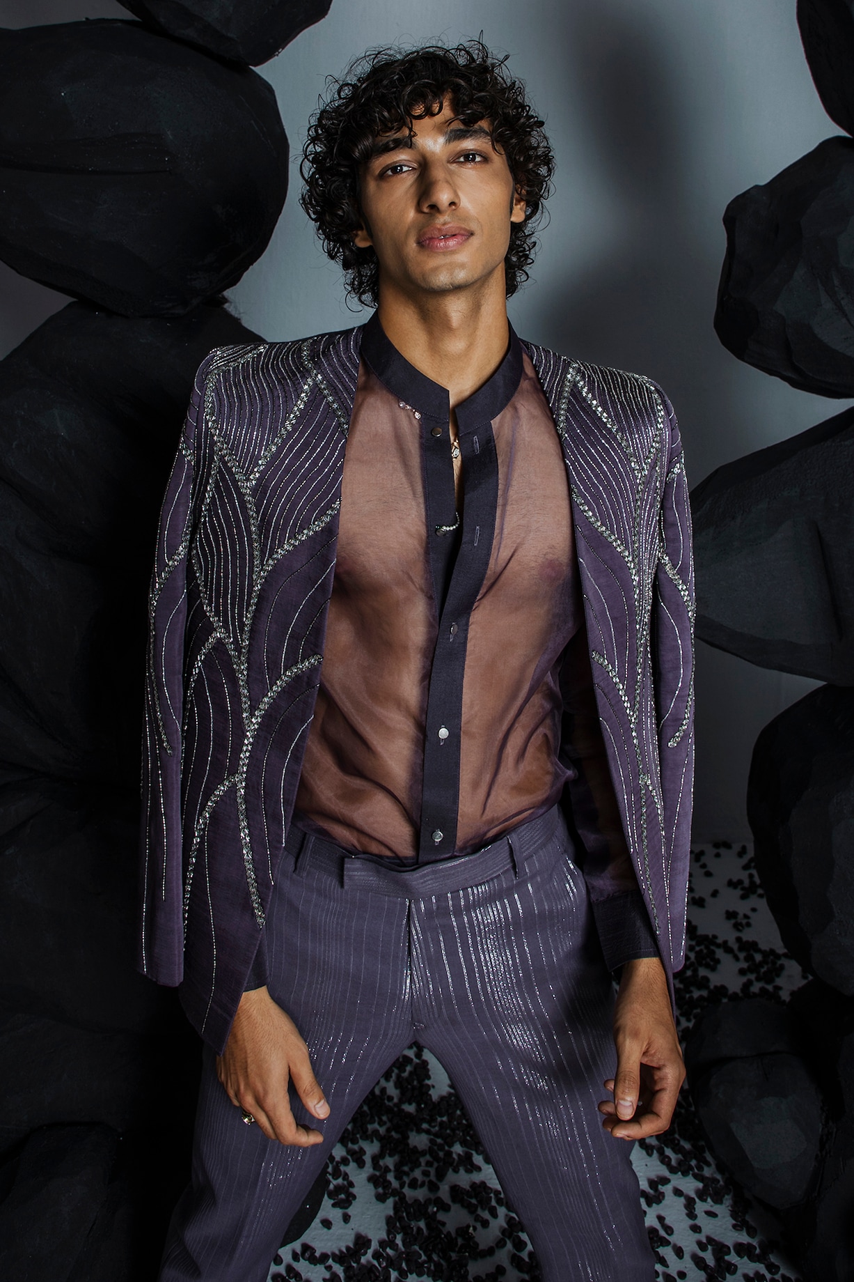 Deep Purple Linen Satin Embellished Jacket Set Design by Contrast By ...