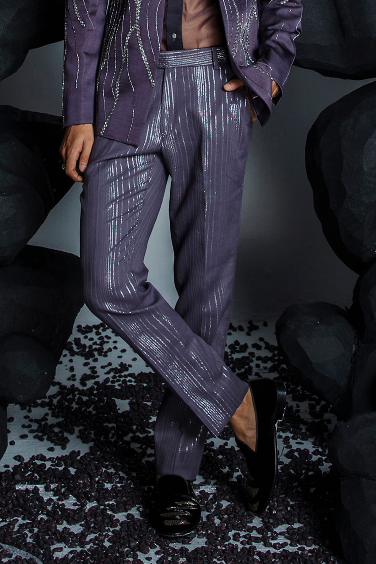 Deep Purple Linen Satin Embellished Jacket Set Design by Contrast By ...