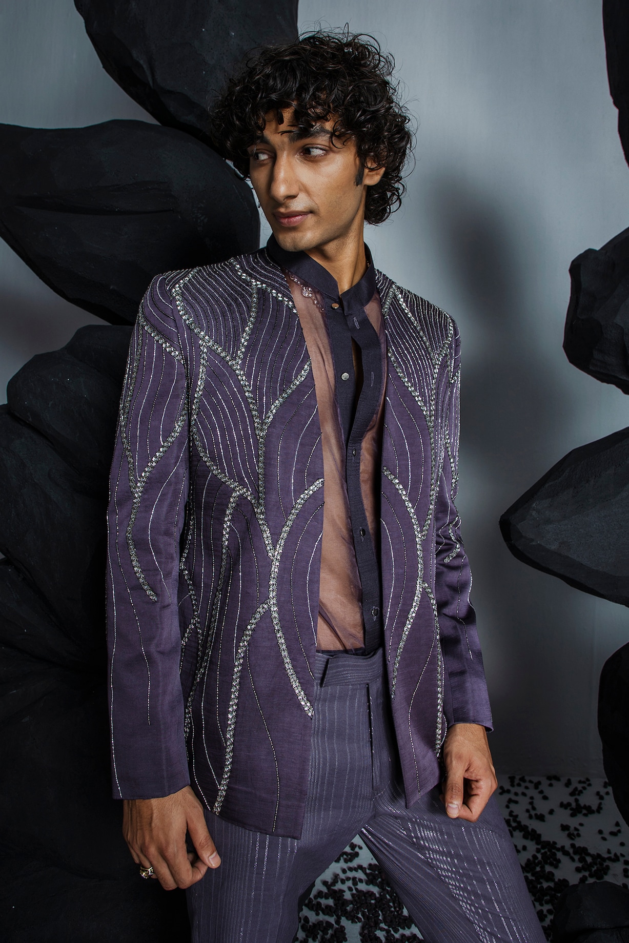 Deep Purple Linen Satin Embellished Jacket Set Design by Contrast By ...
