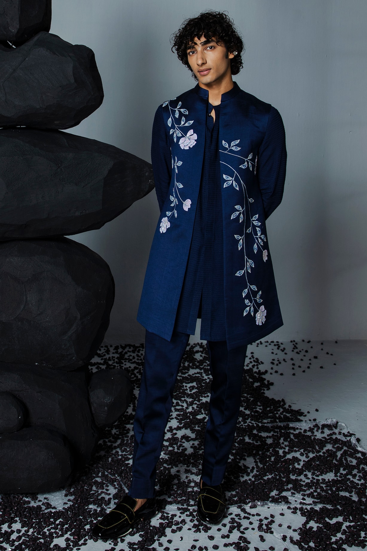 Navy Blue Pure Silk Handpainted Indowestern Set by Contrast By Parth at ...