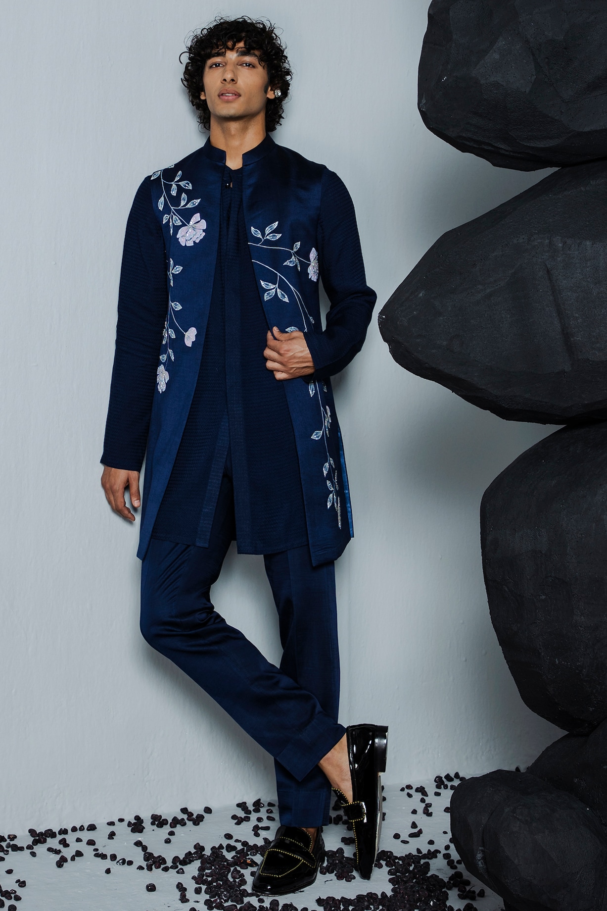 Navy Blue Pure Silk Handpainted Indowestern Set by Contrast By Parth at ...