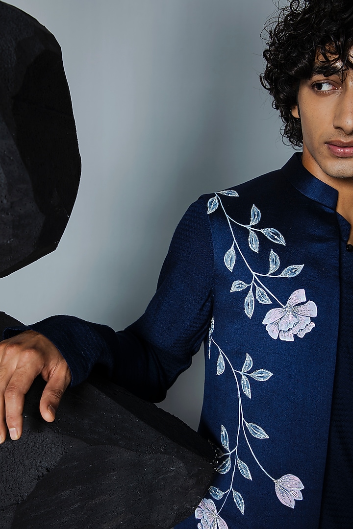 Navy Blue Pure Silk Handpainted Indowestern Set Design by Contrast By ...