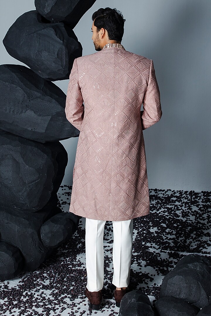 Mauve Pure Silk Hand Embroidered Sherwani Set Design by Contrast By ...