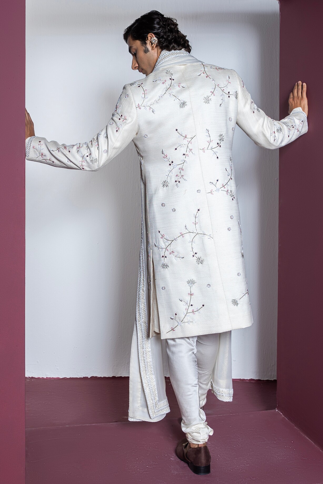 Off-White Jacquard Hand & Machine Embroidered Groom Sherwani Set by ...