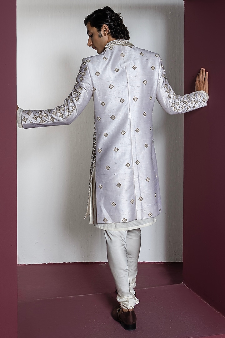 Off-White Raw Silk Hand & Machine Embroidered Sherwani Set Design by ...