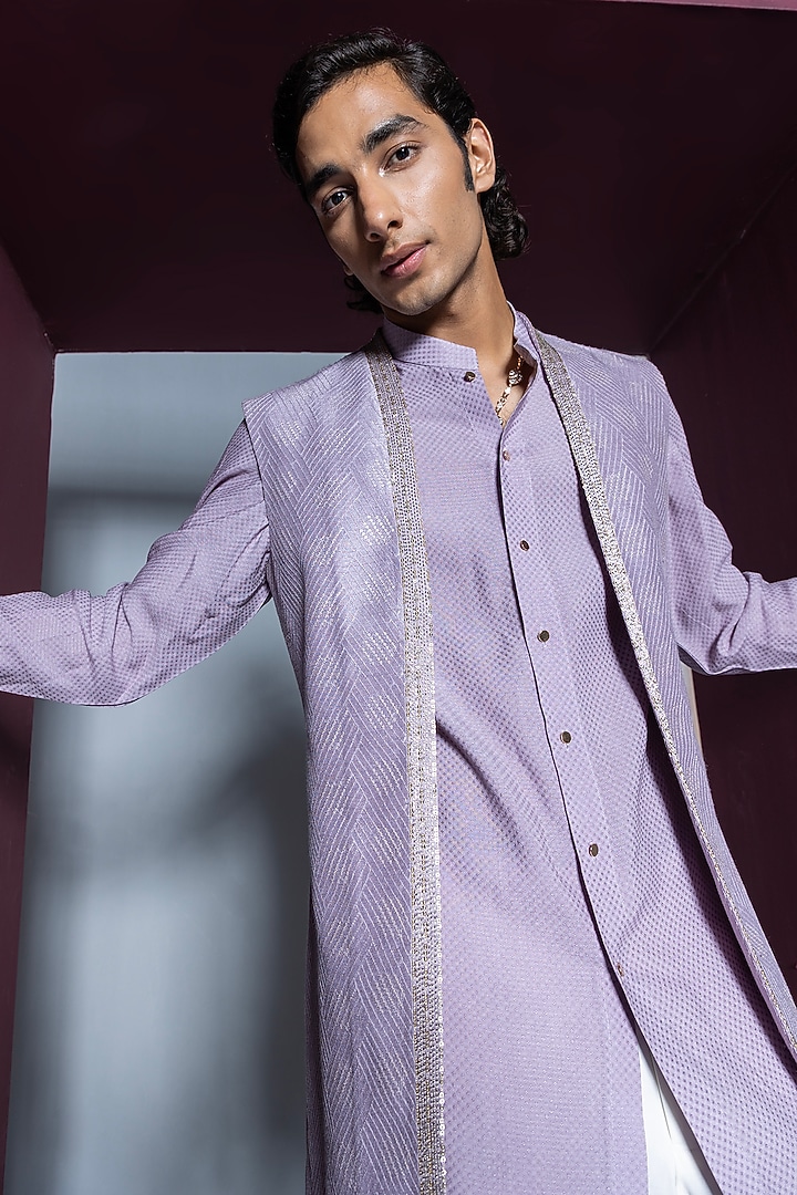 Lilac Pure Silk Hand Embroidered Indowestern Set Design by Contrast By ...
