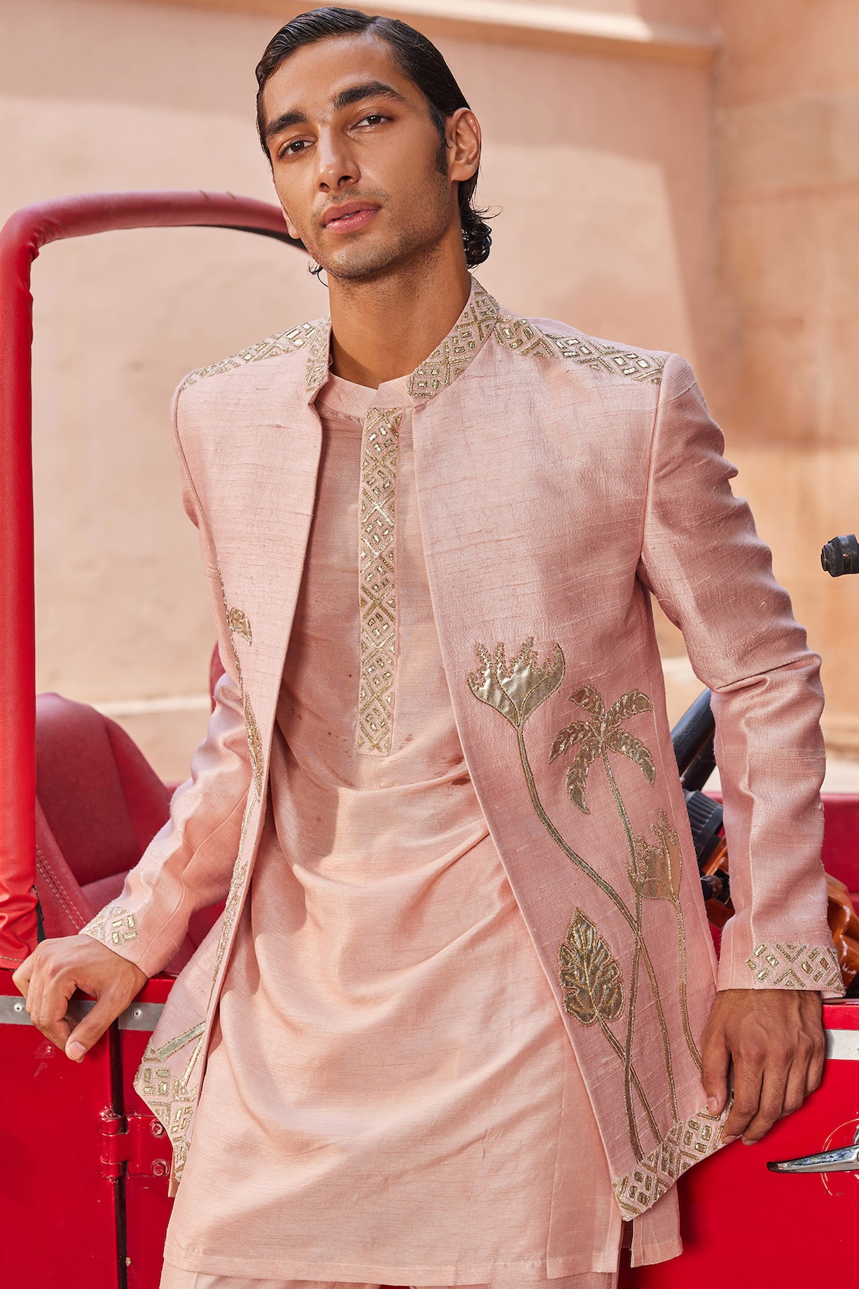 Nude Pink Raw Silk Floral Embellished Indowestern Set by Contrast By ...