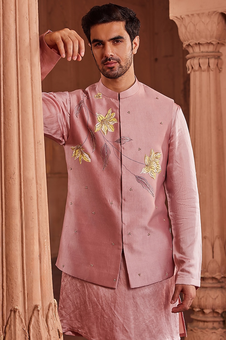 Rose Mauve Pure Silk Motifs Hand Painted Nehru Jacket Set by Contrast ...
