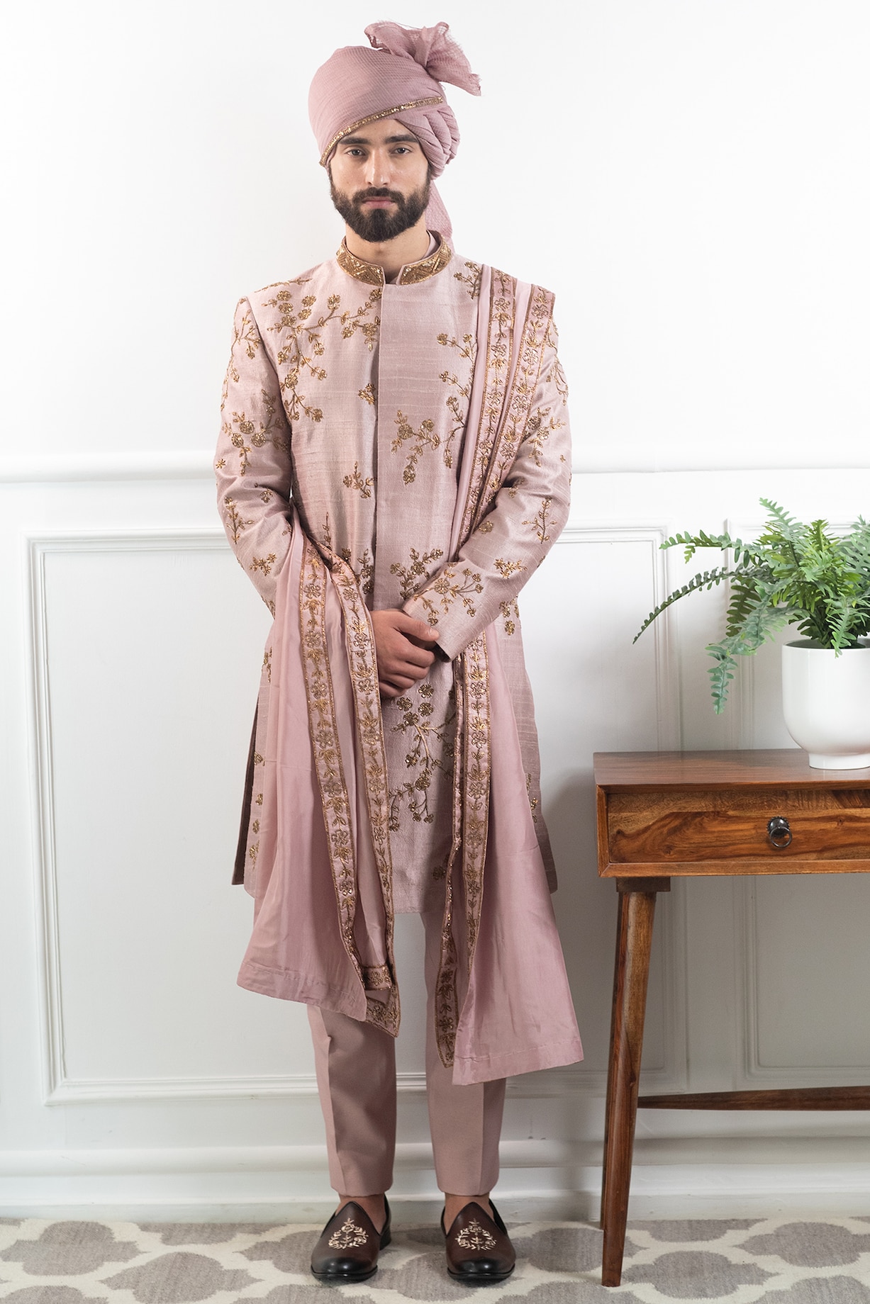 Dark Mauve Raw Silk Hand Embroidered Groom Sherwani Set by Contrast By ...