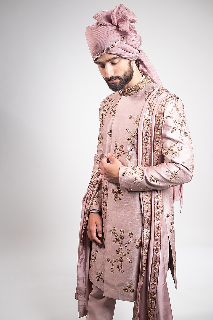 Dark Mauve Raw Silk Hand Embroidered Groom Sherwani Set by Contrast By ...