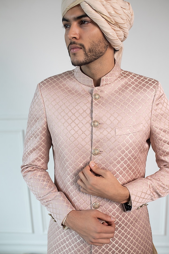 Onion Pink Silk Jacquard Sherwani Set Design by Contrast By Parth at ...
