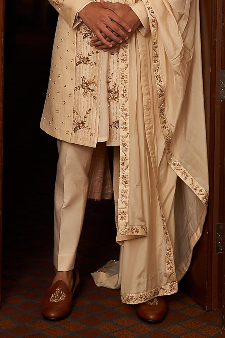 Beige Silk Jacquard Dabka Hand Embroidered Groom Sherwani Set by ...