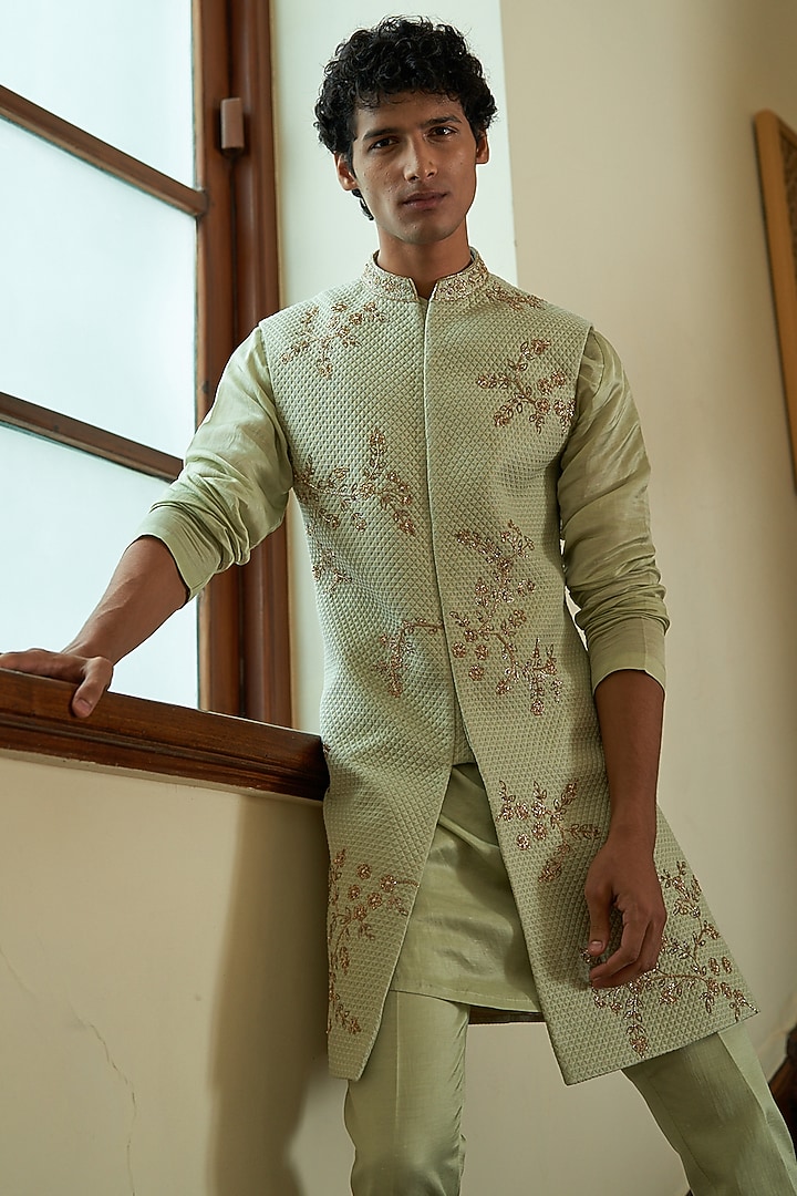 Sage Green Embroidered Wedding Sherwani Set by Contrast By Parth at ...