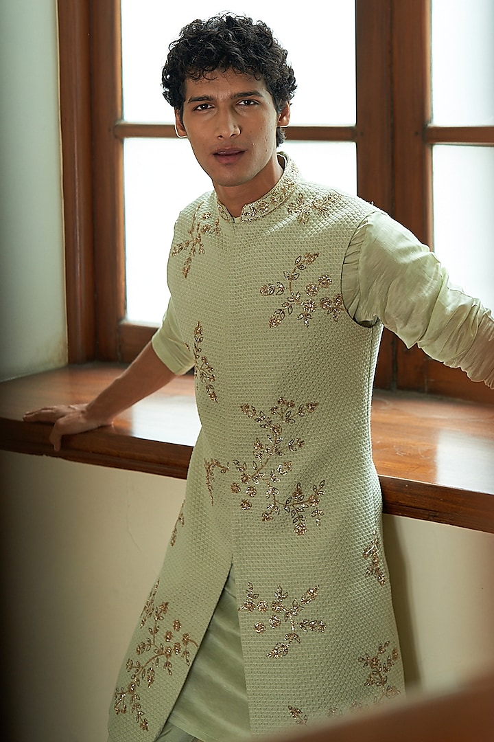 Sage Green Embroidered Wedding Sherwani Set by Contrast By Parth at ...