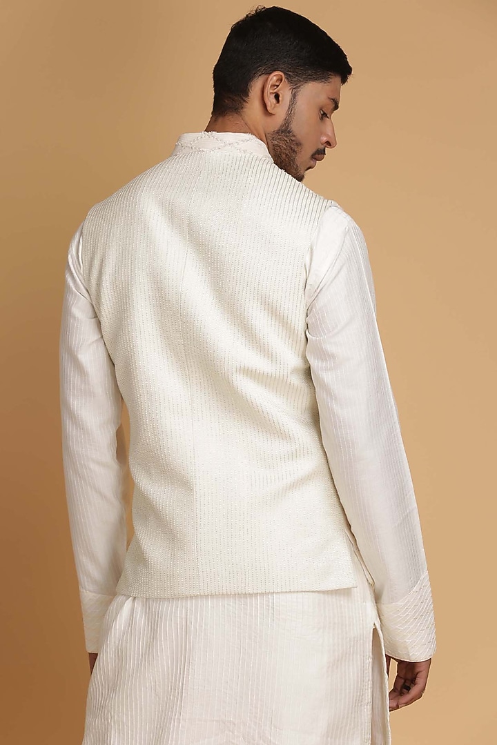 Off-White Cotton Silk Embroidered Nehru Jacket by Chatenya Mittal at ...