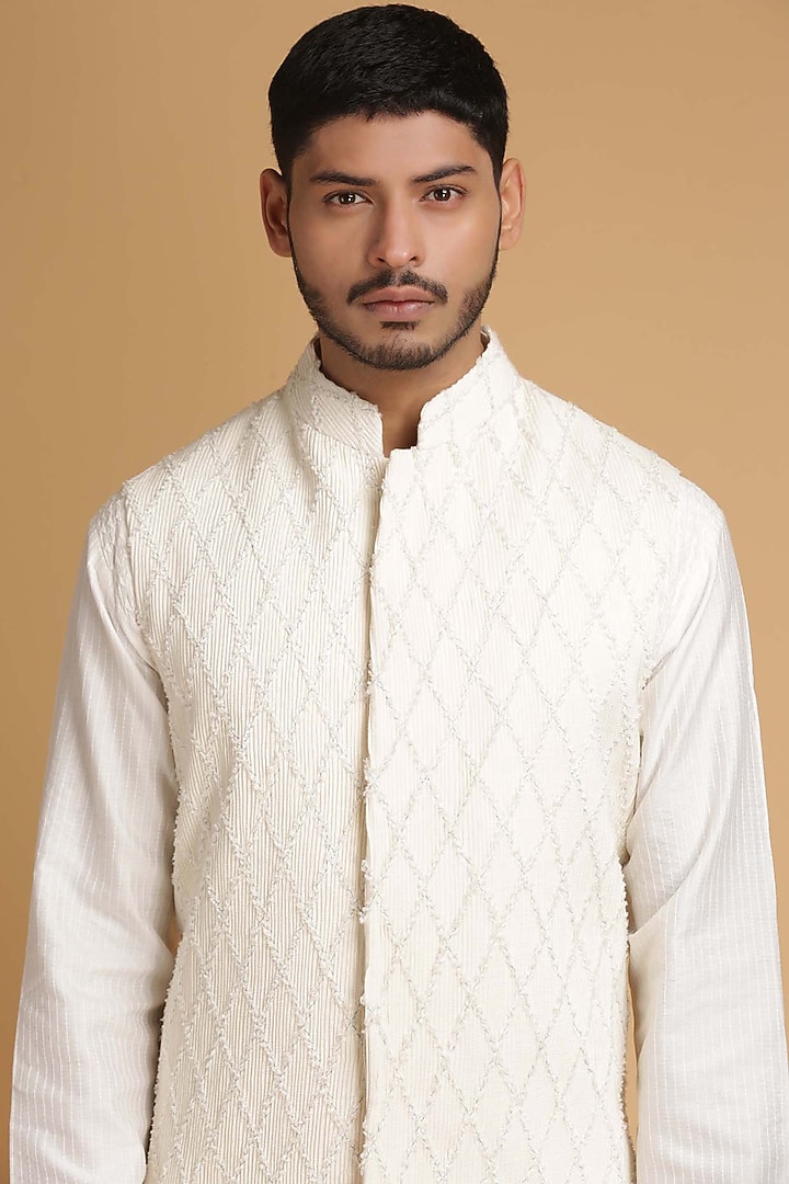 Off-White Cotton Silk Embroidered Nehru Jacket by Chatenya Mittal at ...