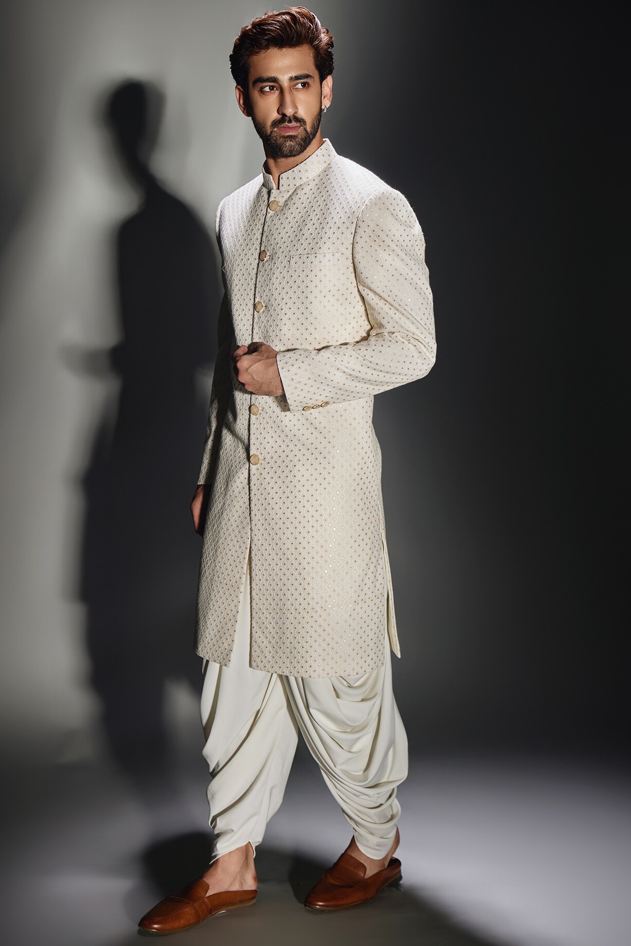 Buy Chatenya Mittal Light Cream Georgette Embroidered Sherwani Set at ...