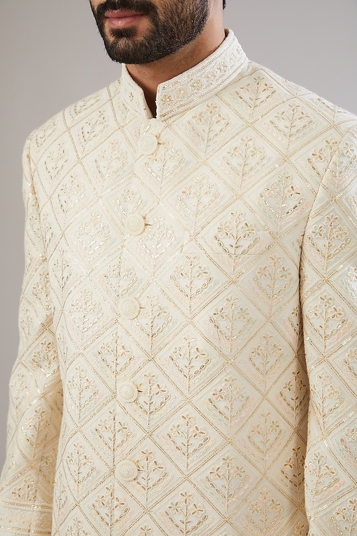Off-White Pearl Embroidered Wedding Sherwani Set by Chatenya Mittal at ...