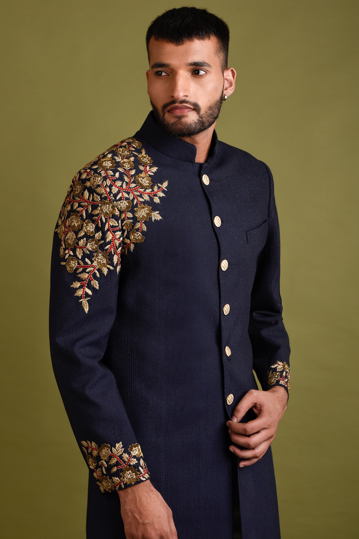 Navy Blue Embroidered Achkan Jacket Set by Chatenya Mittal at Pernia's ...