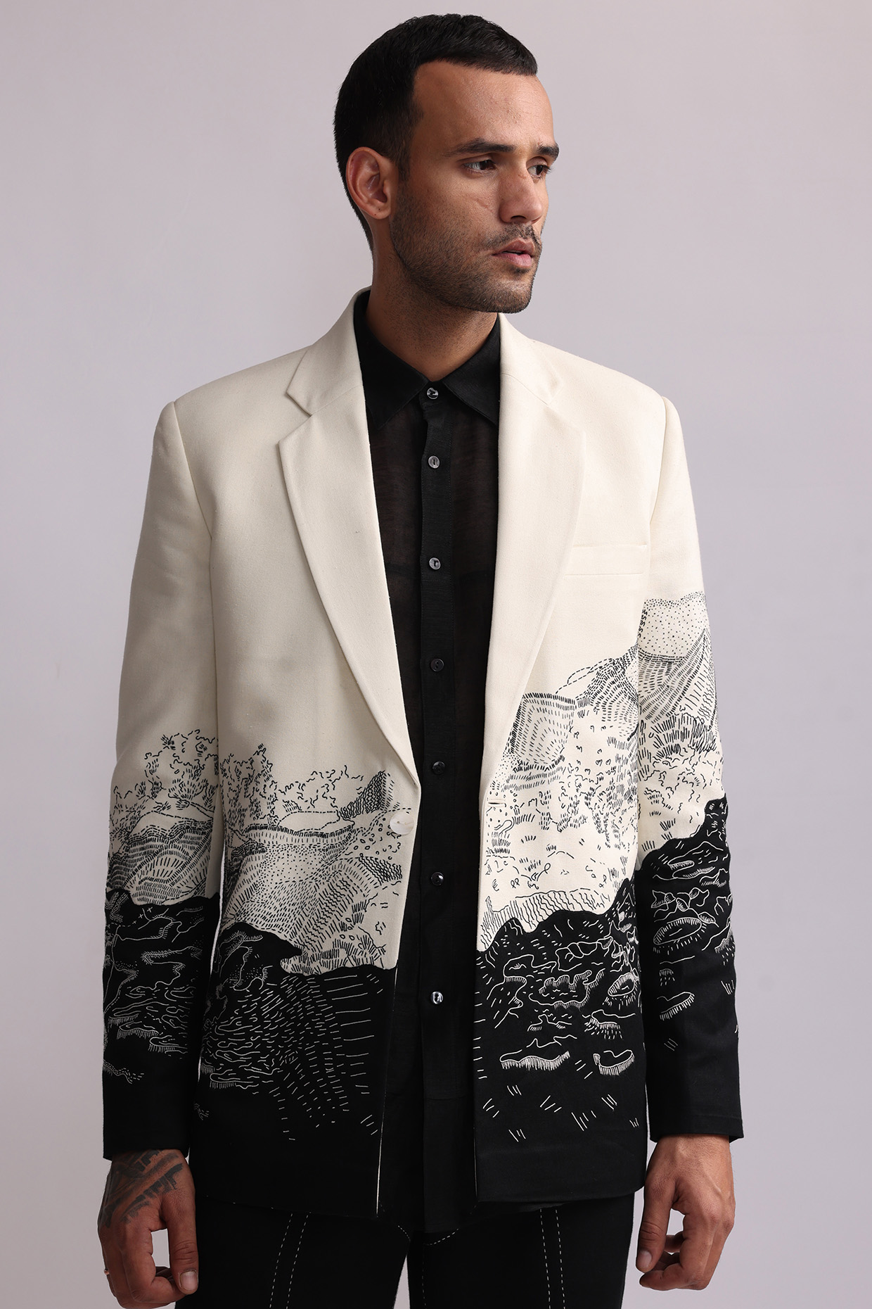 Black & White Matka Silk Landscape Embroidered Single-Breasted Blazer ...