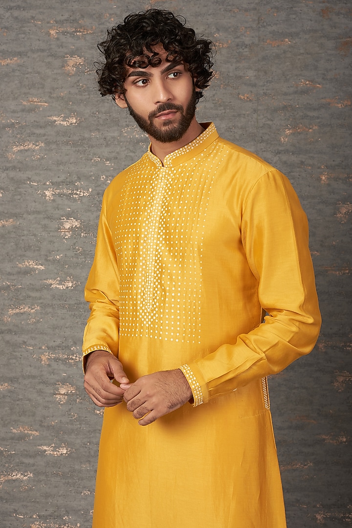 Mustard Cotton Silk Zardosi Embroidered Kurta Set by Countrymade at ...