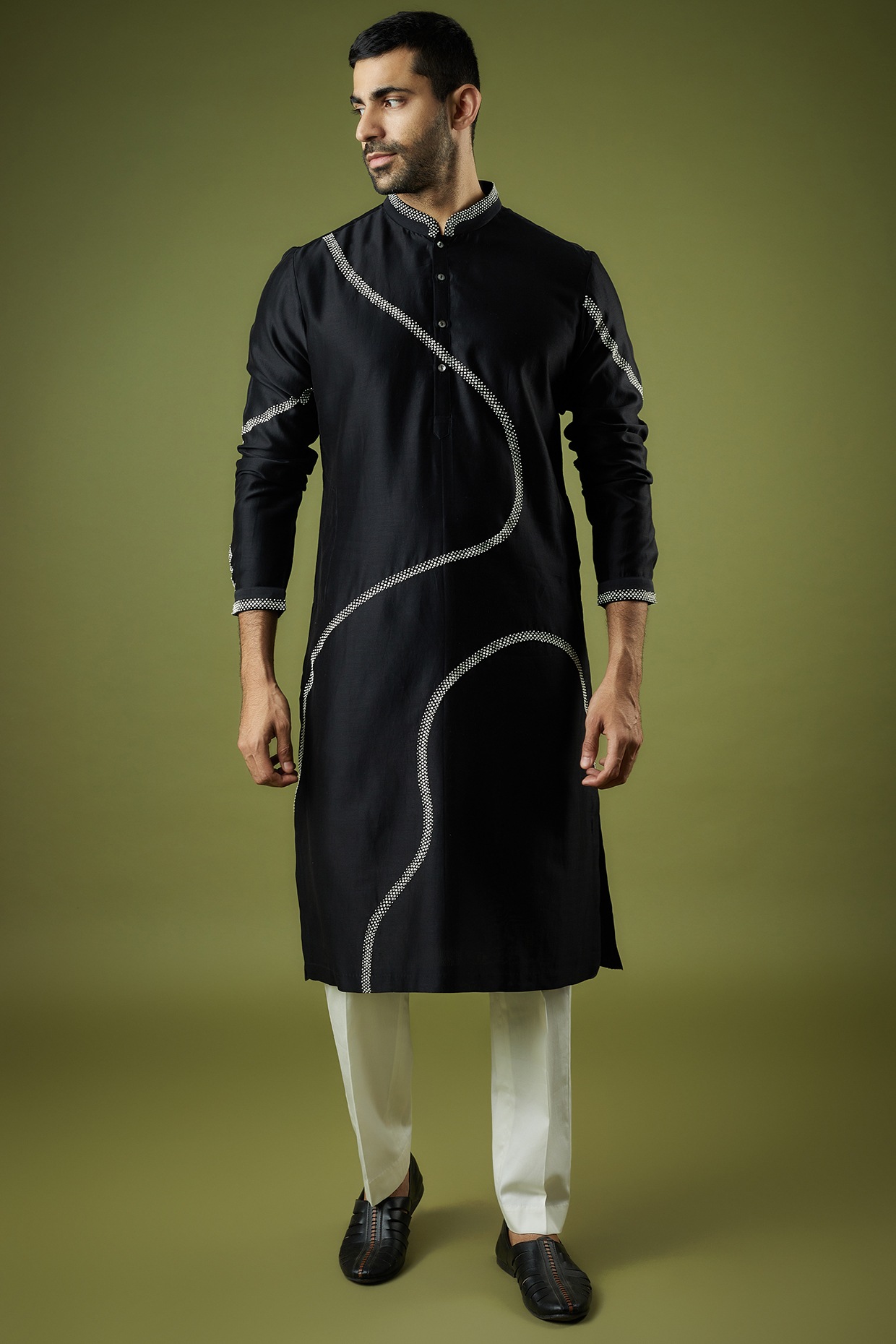 Black Matka Silk Hand Embroidered Kurta Set by Countrymade at Pernia's ...