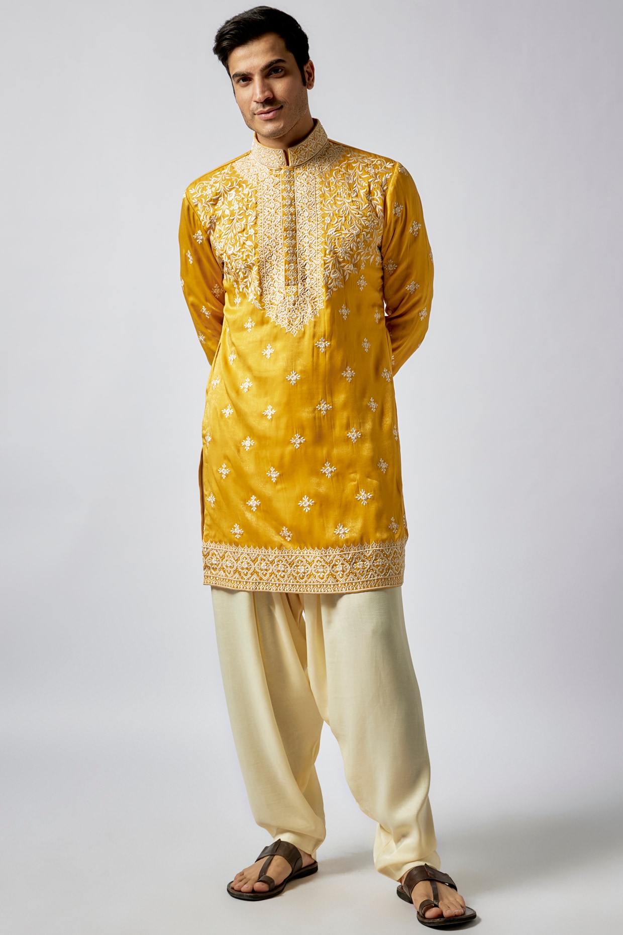Yellow Sandwash Satin Hand Embroidered Kurta Set by Dapper & Dare at ...