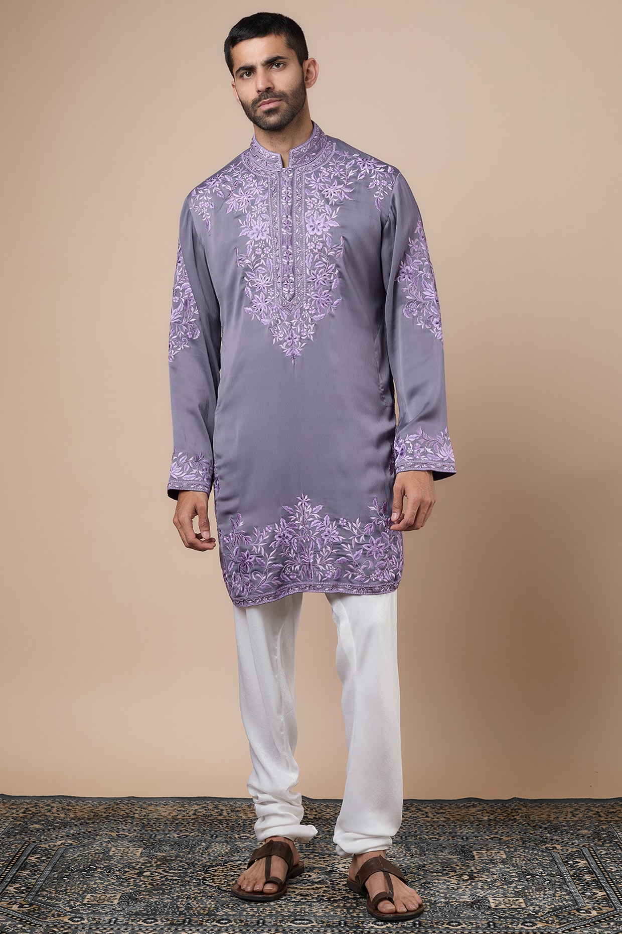 Lilac Crepe Thread Embroidered Kurta Set by Dapper & Dare at Pernia's ...