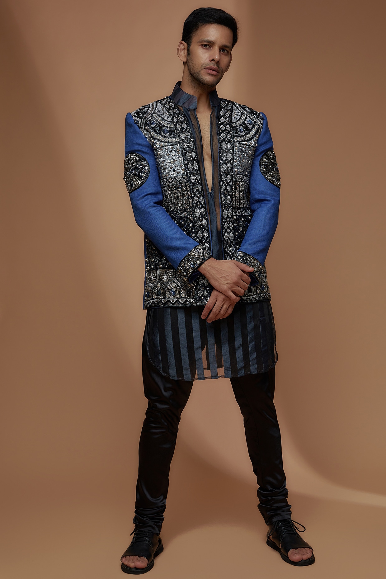 Cobalt Blue South Jute Cotton Blend Embroidered Indo-Western Set by ...