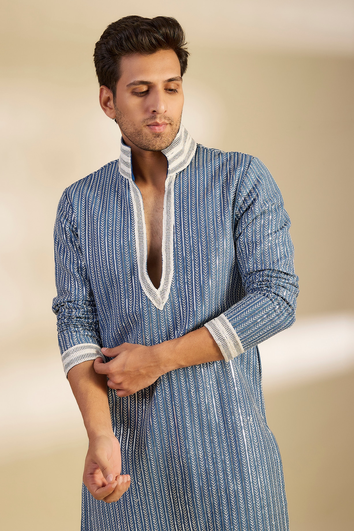 Blue Denim Embroidered Kurta Set by Dapper & Dare at Pernia's Pop Up ...
