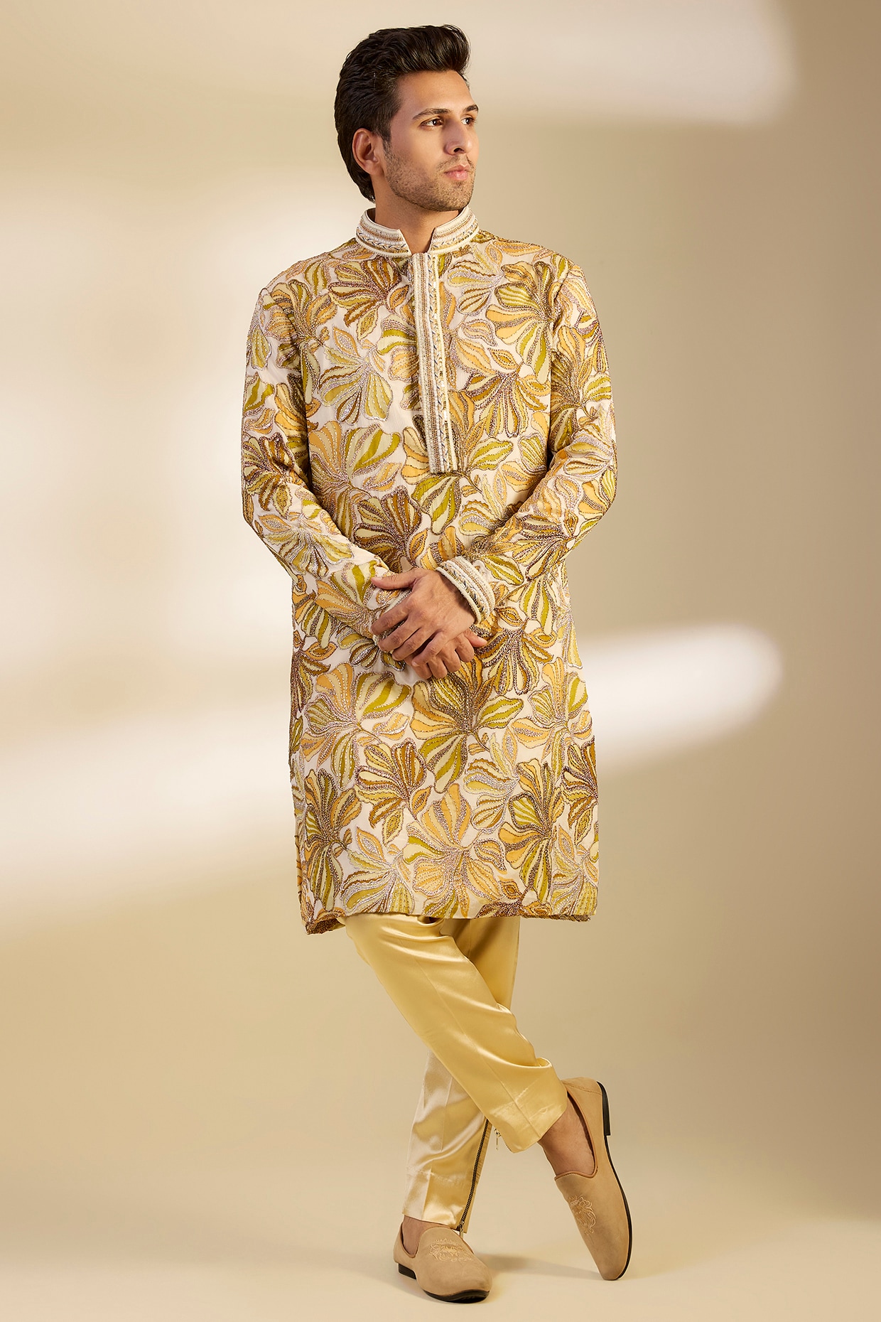 Yellow Chinon Pearl Embellished Kurta Set by Dapper & Dare at Pernia's Pop Up Shop 2025