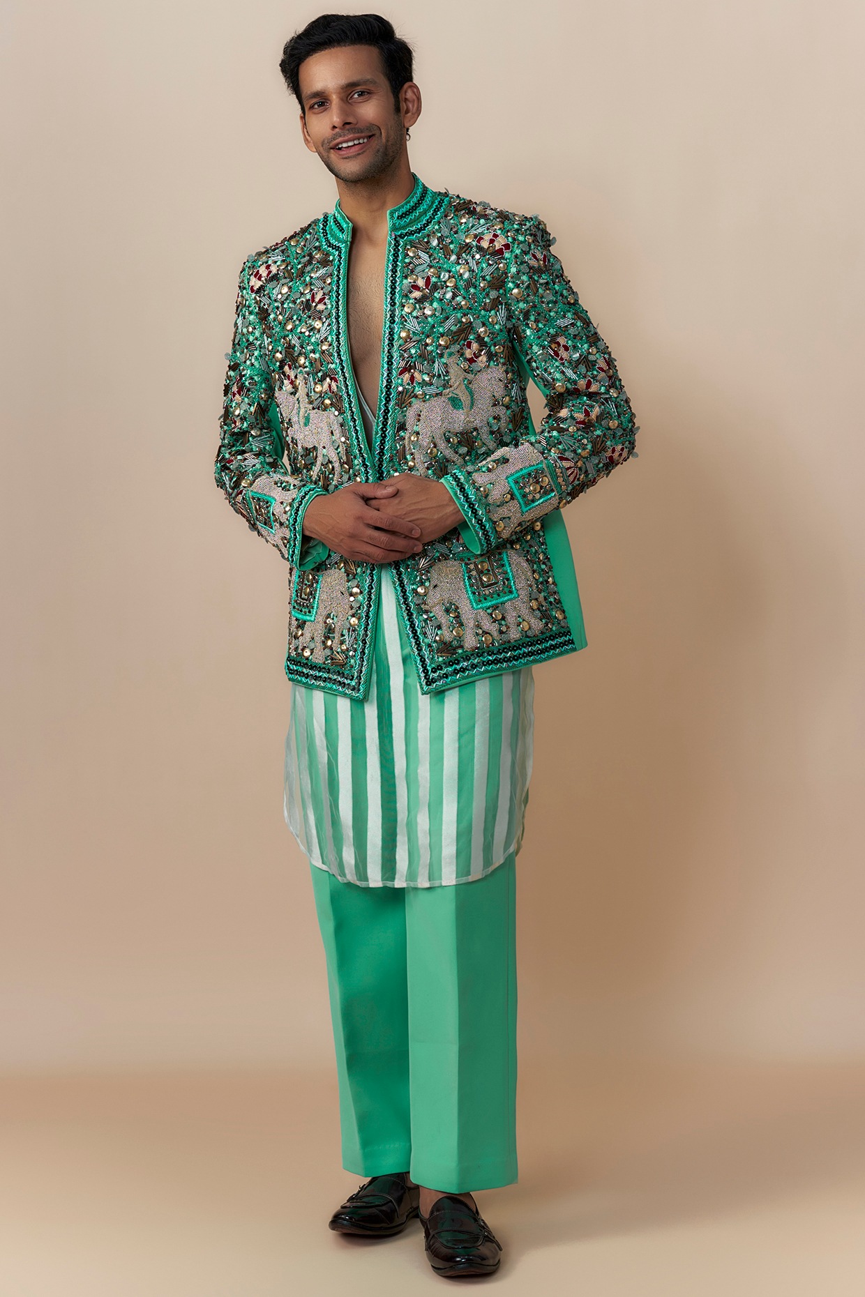 Green Japanese Crepe Crystal Bead Embroidered Jacket Set by Dapper ...